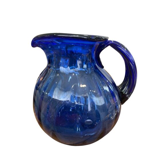 Unmarked | Dining | Blue Hand Blown Ribbed Glass Pitcher 8 Tall Mexico ...